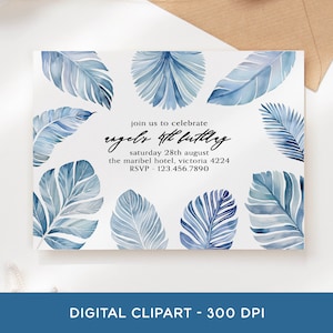 Blue Leaf Clipart Bundle - Watercolor Tropical Leaves Monstera Palm PNG ...