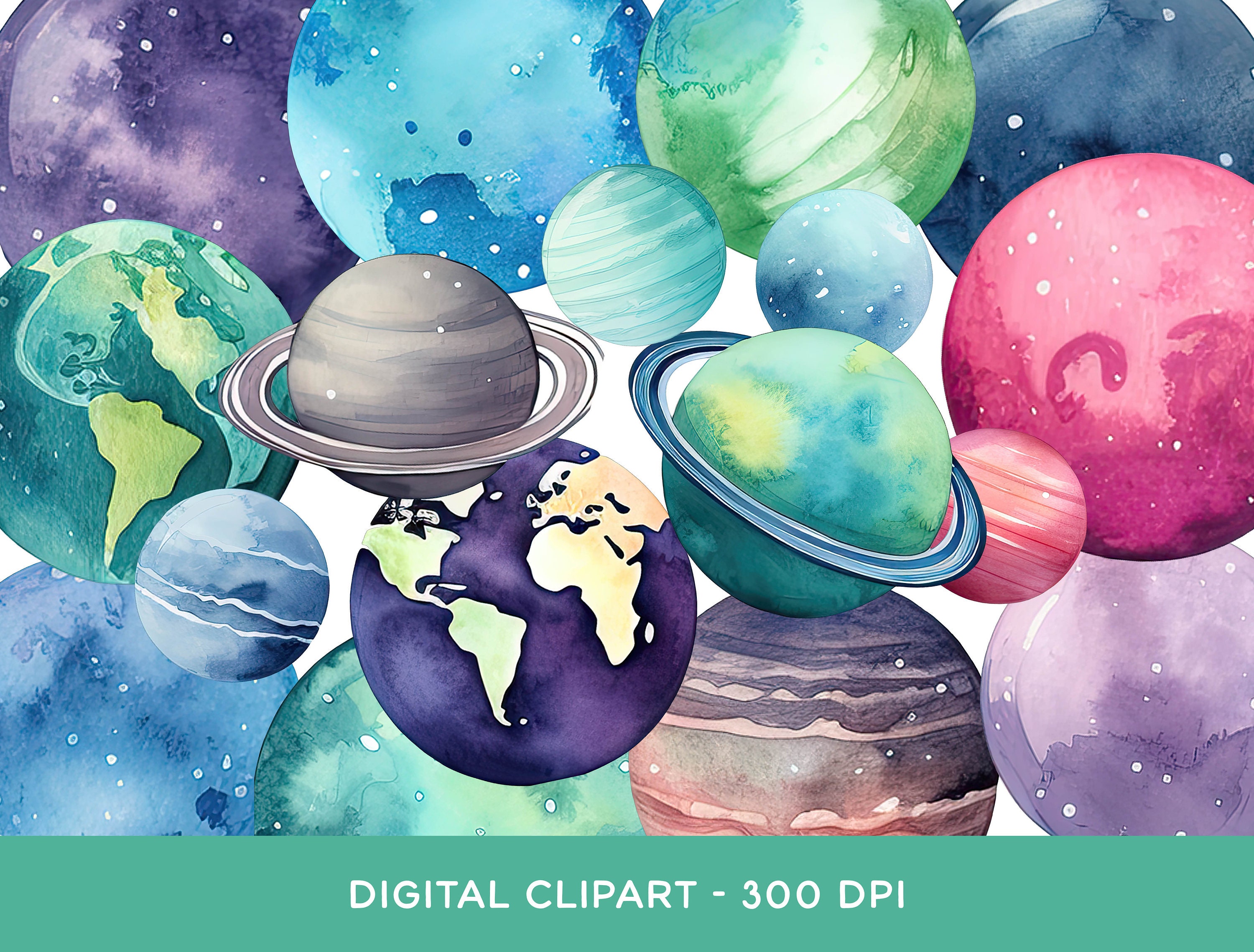 Watercolor Planets Clipart Bundle, Galaxy Space Graphics PNG Digital ...