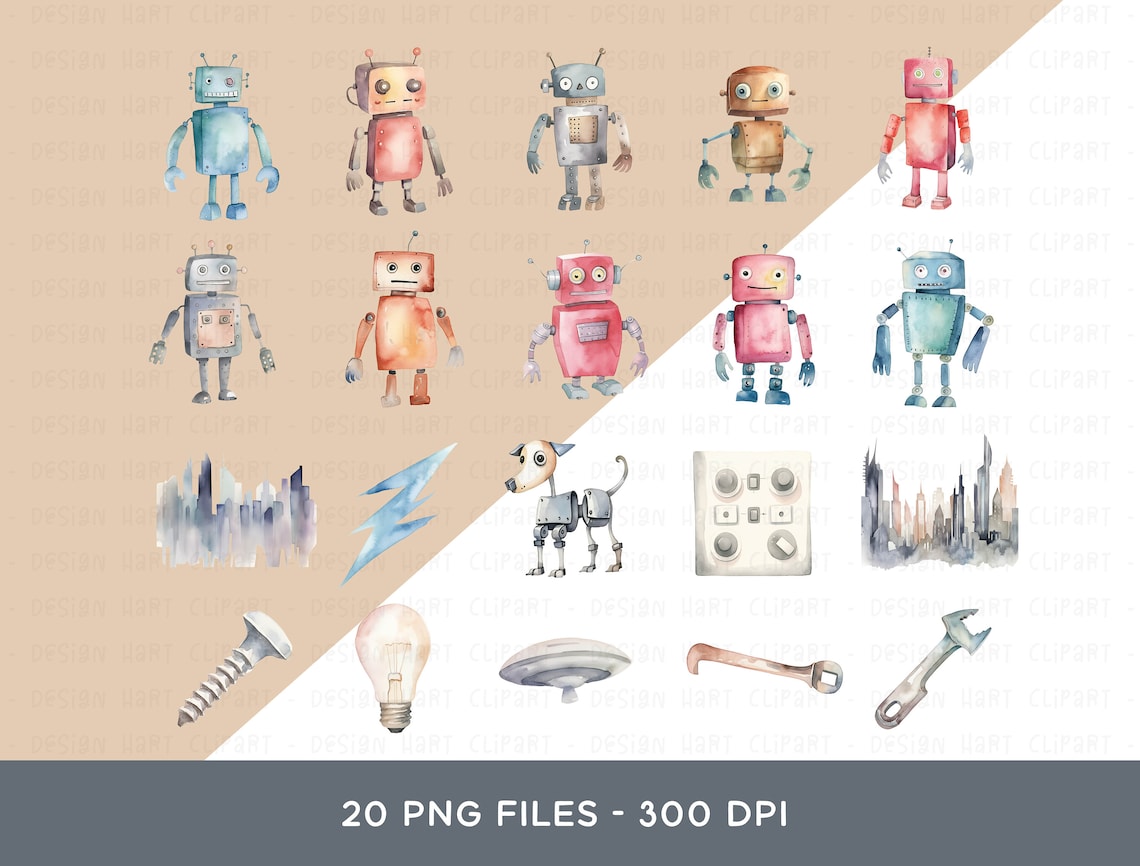 Robot Clipart Bundle Watercolor Cute Vintage Childrens Retro Mechanical ...