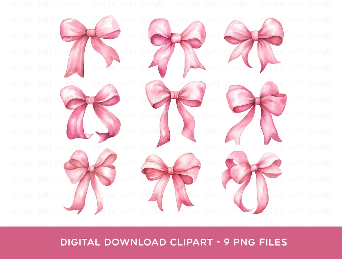 Bow Clipart Bundle Set, Watercolor Pink Bows Ribbons, Pastel Pink PNG ...