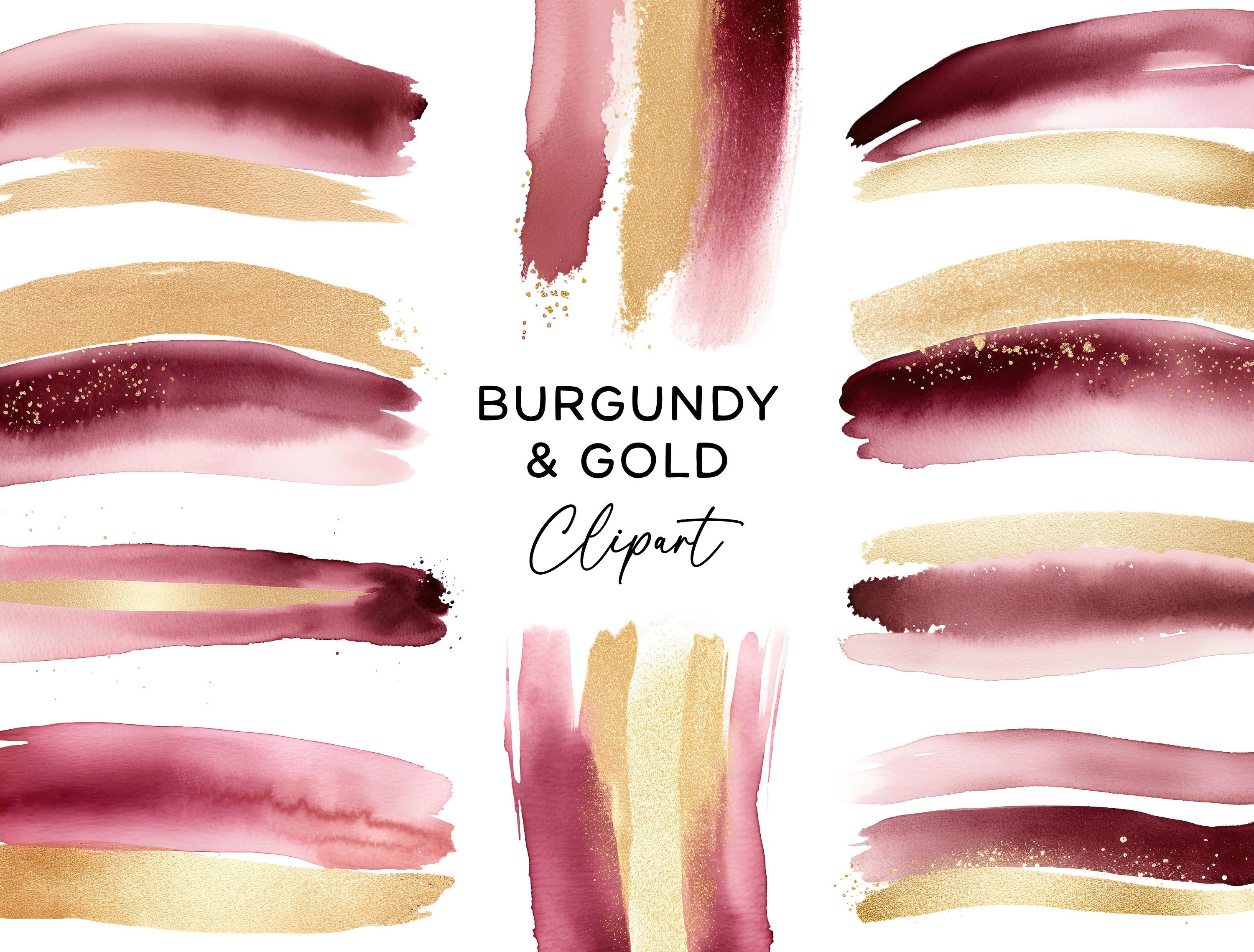 Brush Stroke Clipart Bundle - Watercolor Burgundy & Gold Maroon Smudge ...