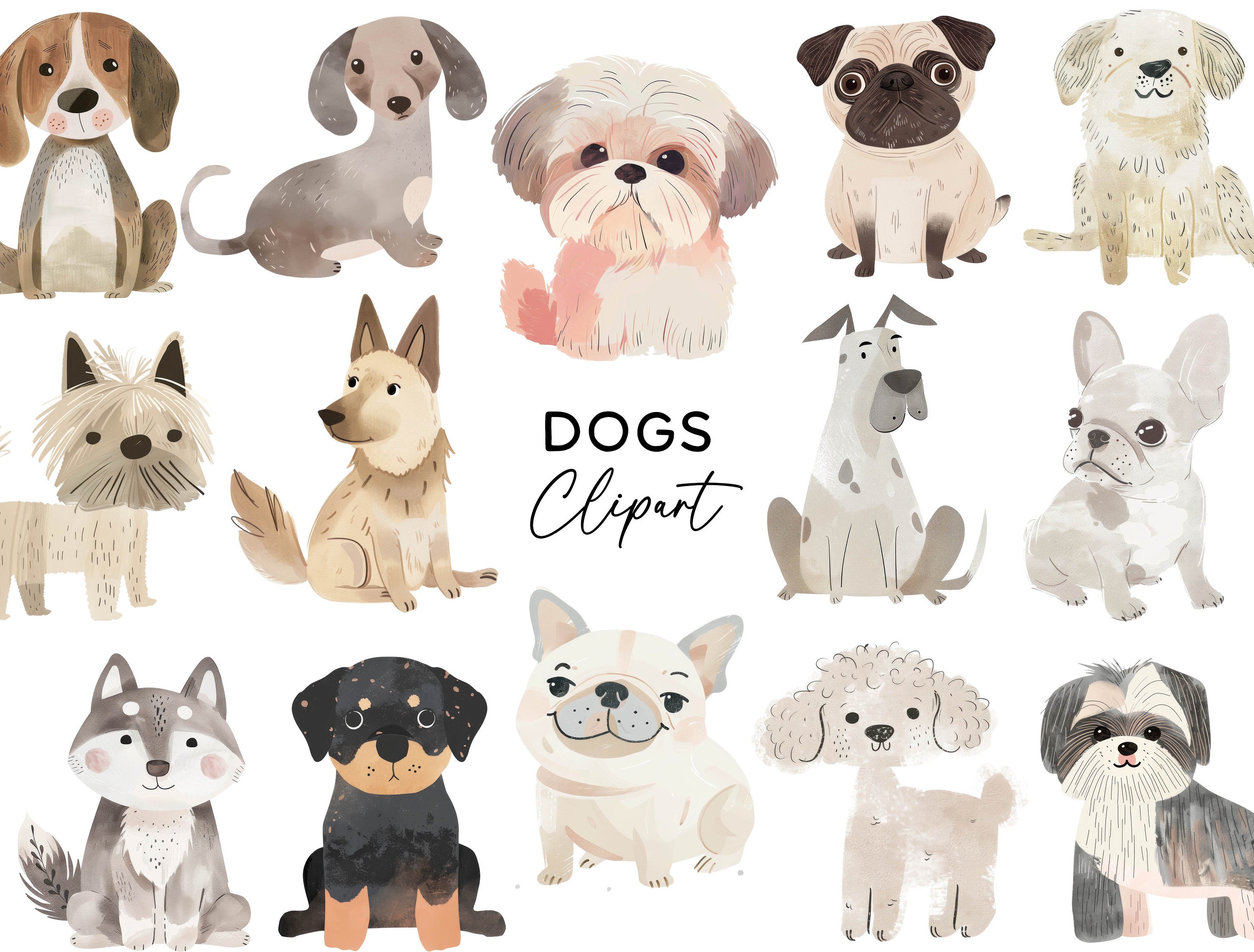 Cute Dog Clipart Bundle, Watercolor Puppy Breeds Poodle Bulldog Pug PNG ...