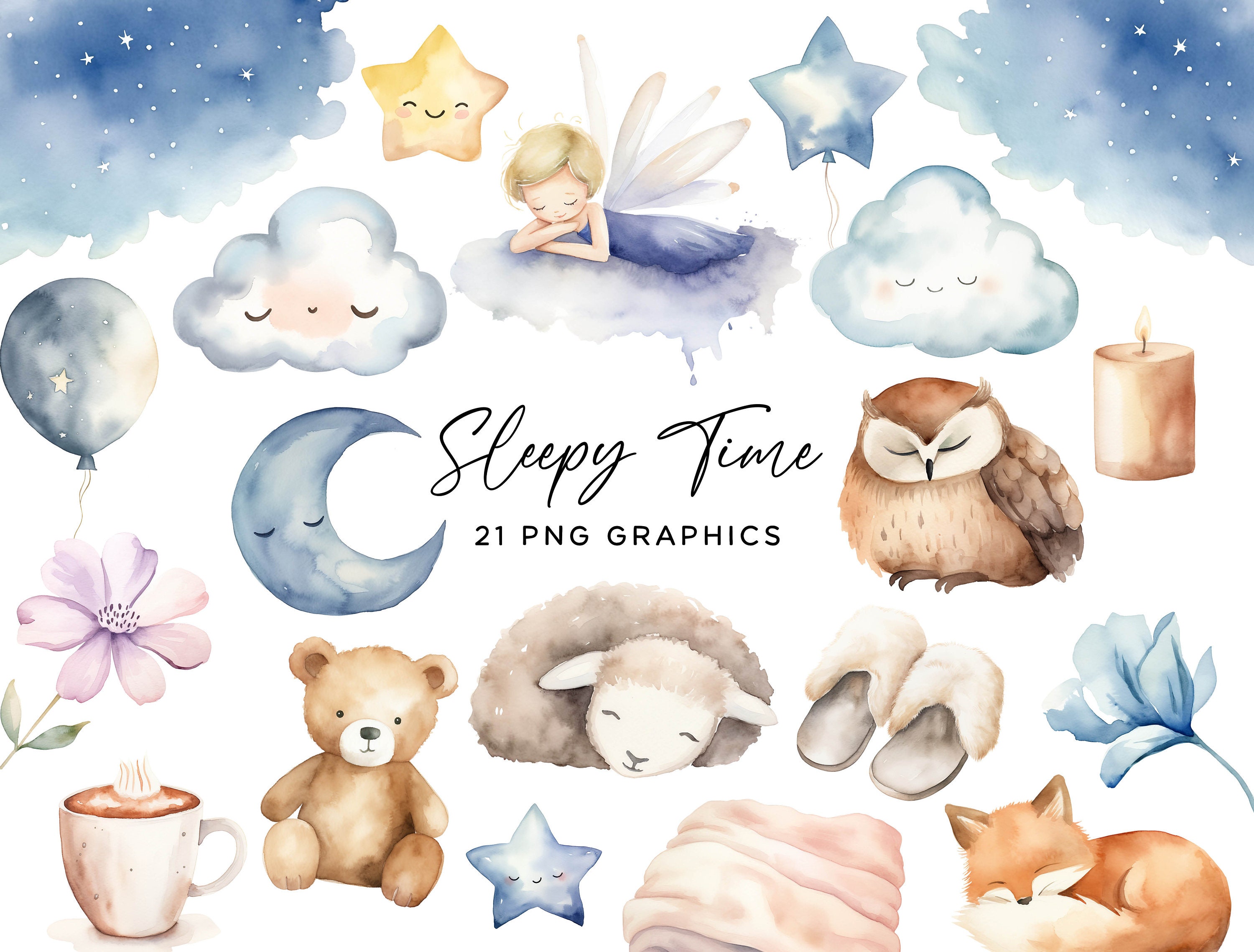 Sleepy Time Clipart Bundle Watercolor Night Animals Clouds - Etsy