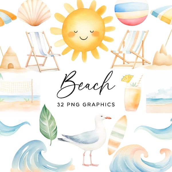 Weather Clipart Bundle, Watercolor Sun Clouds Rainbow Storm Summer ...