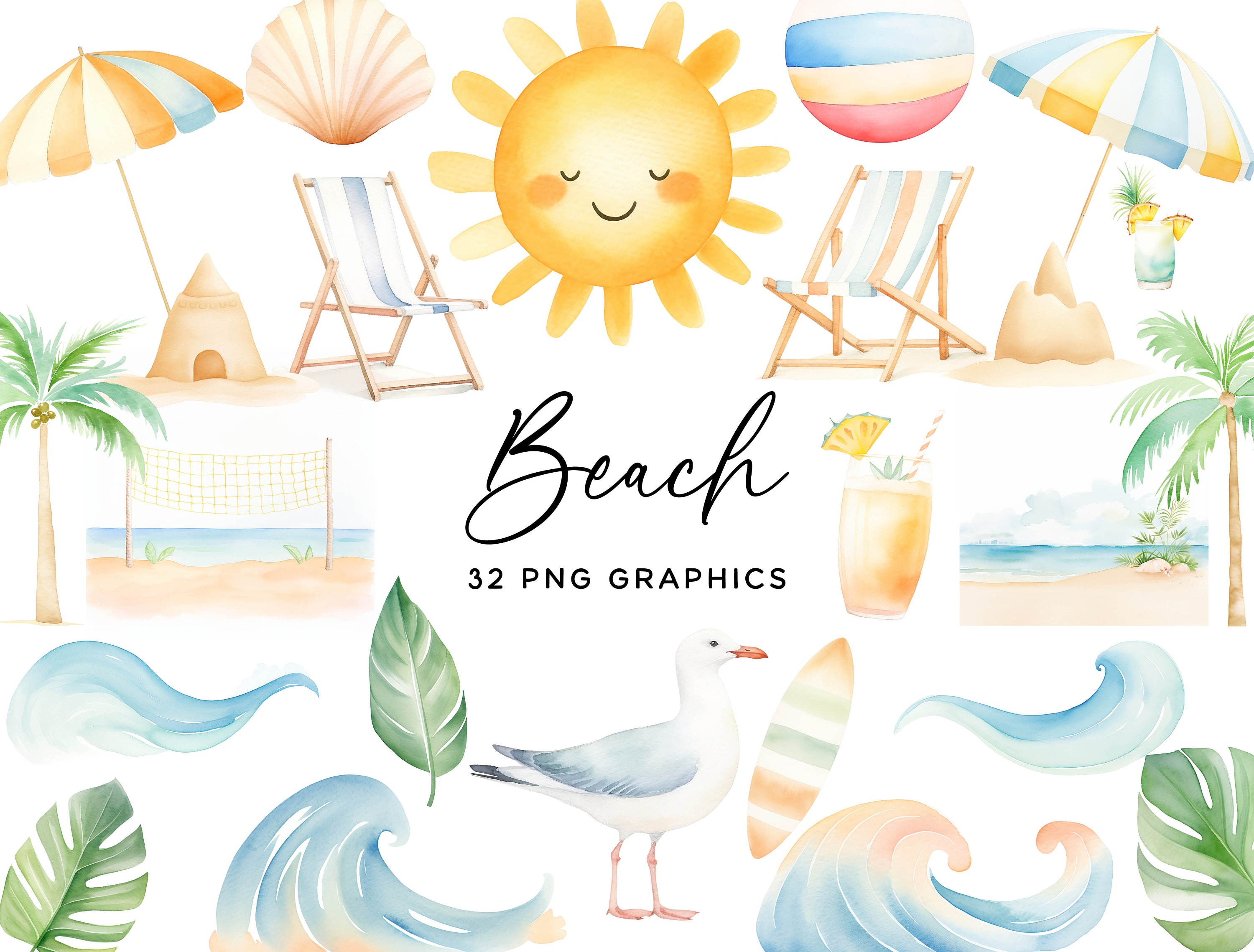 Beach Clipart Bundle Pastel Watercolor Ocean Palm Tree Sun Waves PNG ...