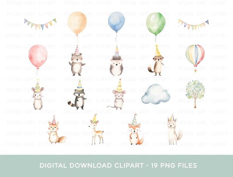 Woodland Party Animals Clipart Bundle, PNG Watercolor Fox Deer Bear ...