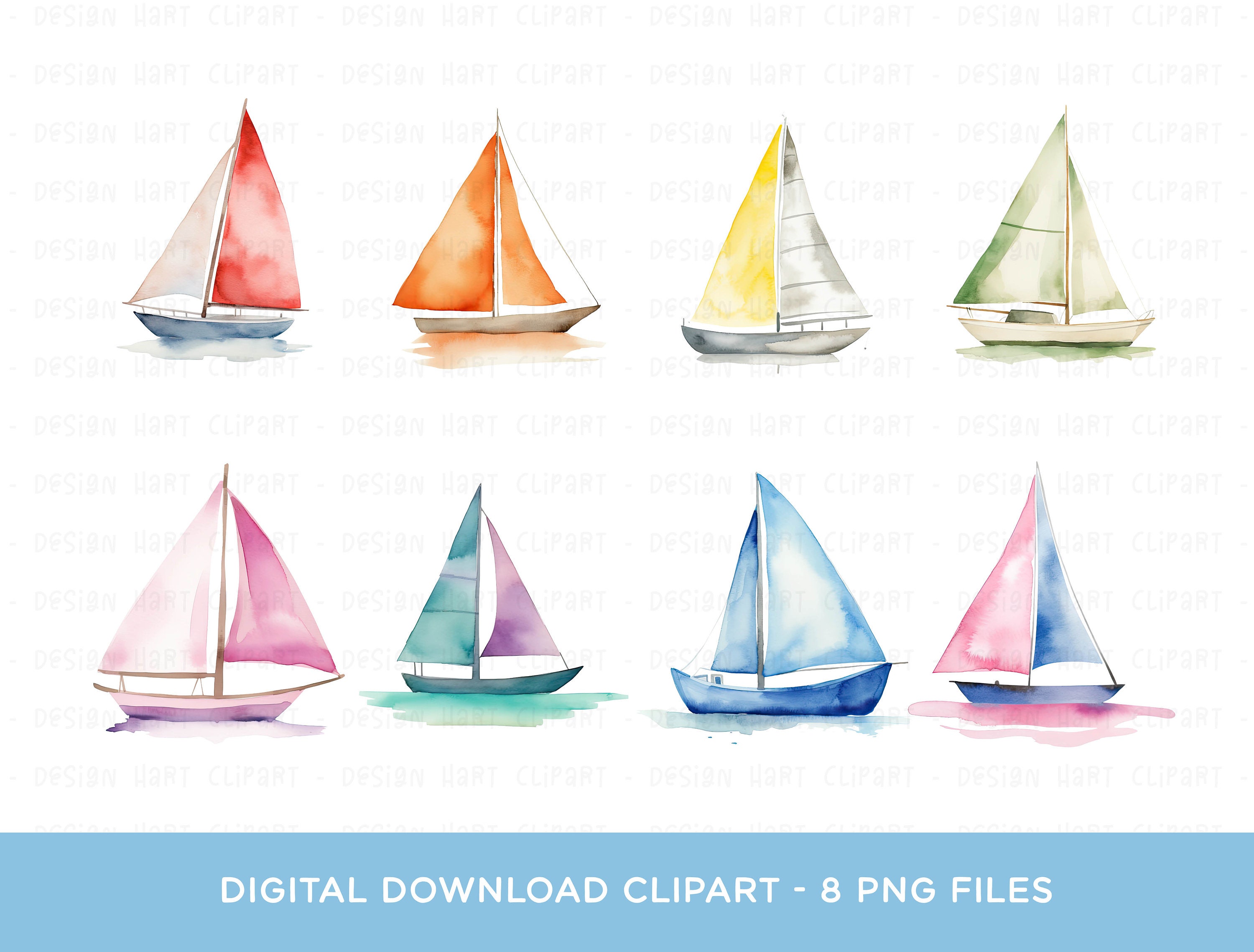 Segelboot Clipart Bundle-Set, Aquarell Bunte Kinder Segelboote Grafiken ...