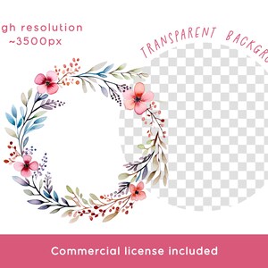Botanical Wreath Clipart - Watercolor Wildflower Floral PNG in Pink ...