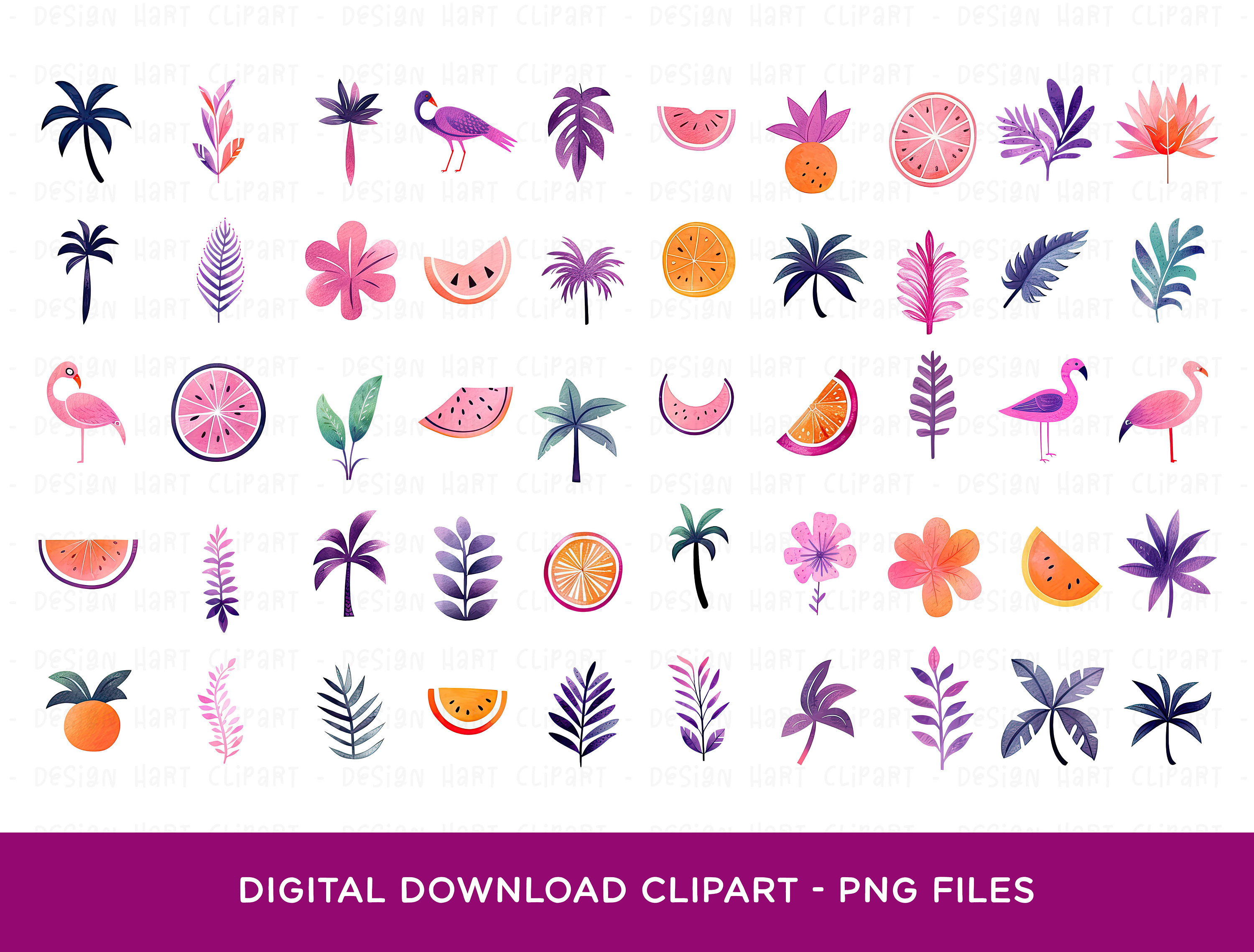Tropical Clipart Bundle Set, Summer Fruits Leaves Flamingoes PNG ...