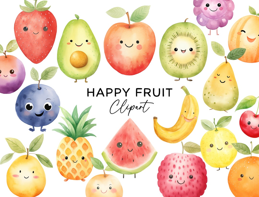 Happy Fruit Clipart Bundle - Watercolor Cute Smiling Apple Banana ...