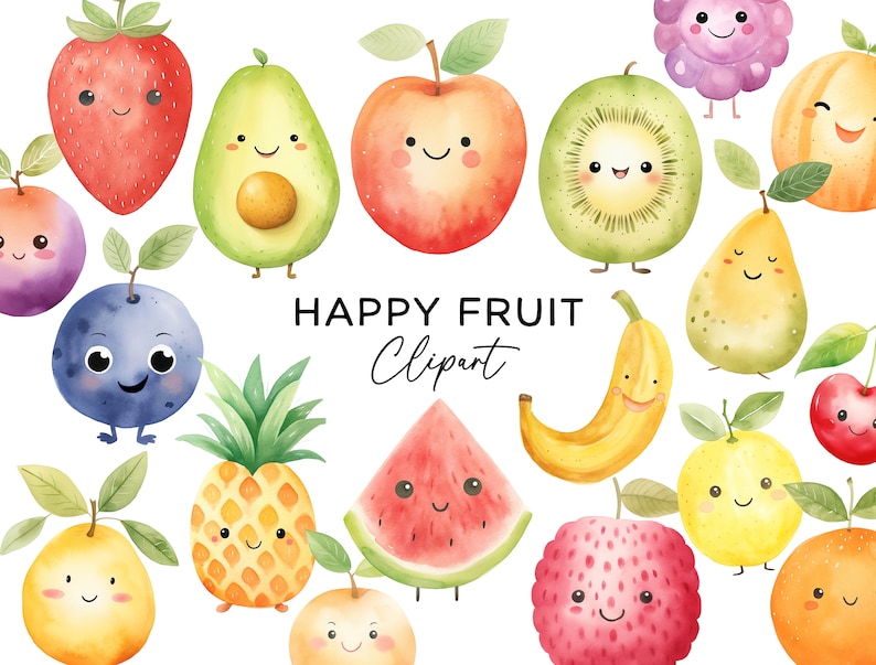 Happy Fruit Clipart Bundle - Watercolor Cute Smiling Apple Banana ...
