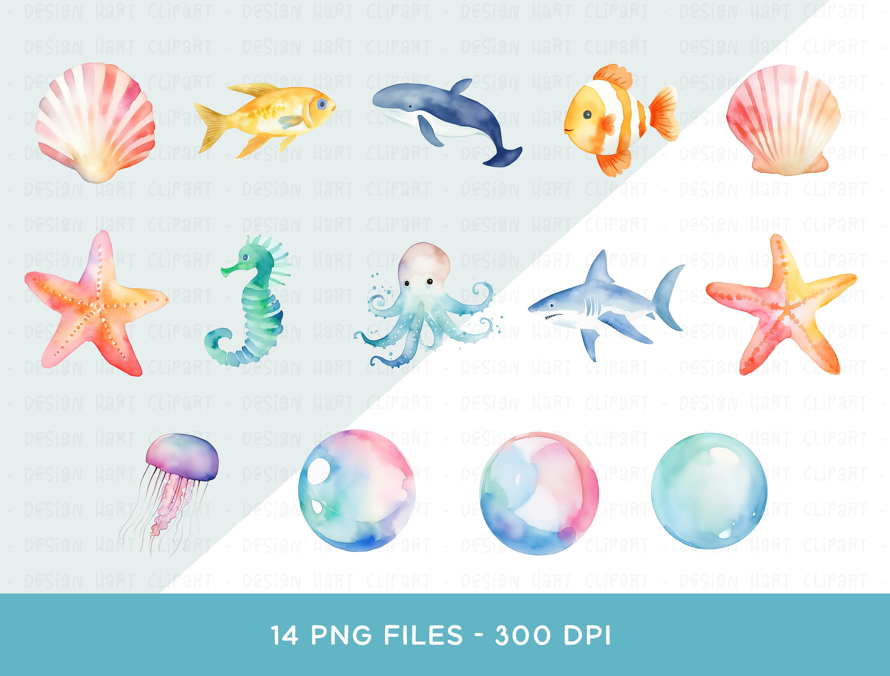 Ocean Creatures Clipart Bundle, Watercolor Under the Sea Animals Beach ...