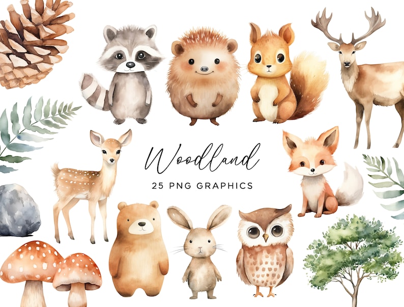 Woodland Animals Watercolor Clipart, Forest PNG Bundle Cute Fox Bear ...