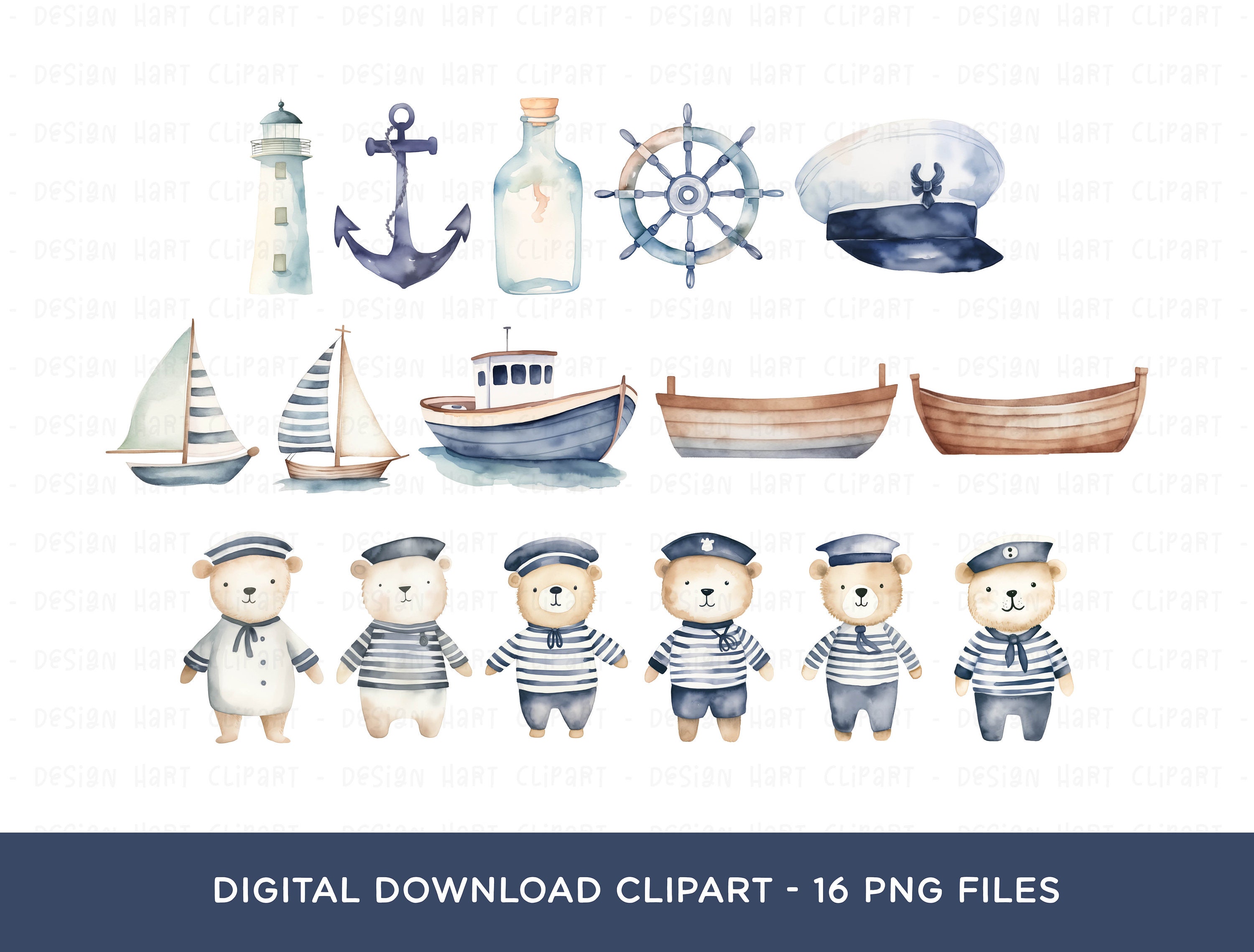 Sailor Bear Clipart Bundle, Watercolor Teddy Bear Lighthouse Anchor ...