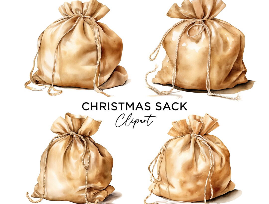 Christmas Sack Clipart Bundle, Watercolor Santa Sacks, Gold PNG ...