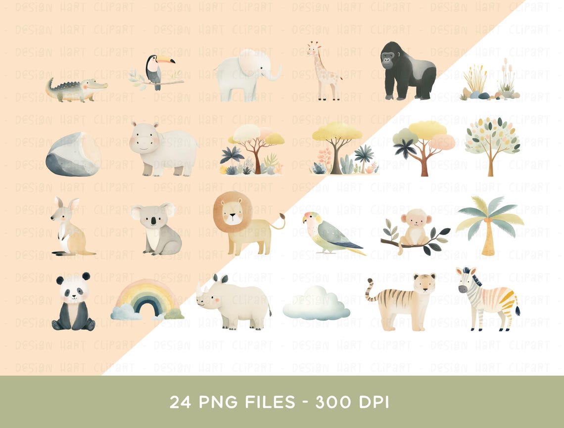 Zoo Clipart Bundle - Jungle Safari Animals Watercolor Lion Elephant ...