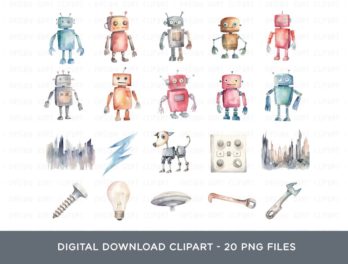 Robot Clipart Bundle Watercolor Cute Vintage Childrens Retro Mechanical ...