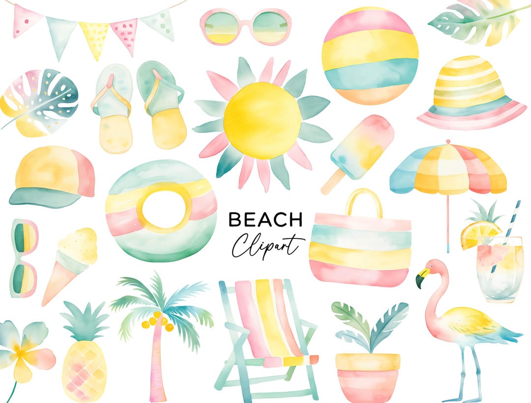 Beach Clipart Bundle, PNG Watercolor Summer Ocean Holiday Tropical Sun ...