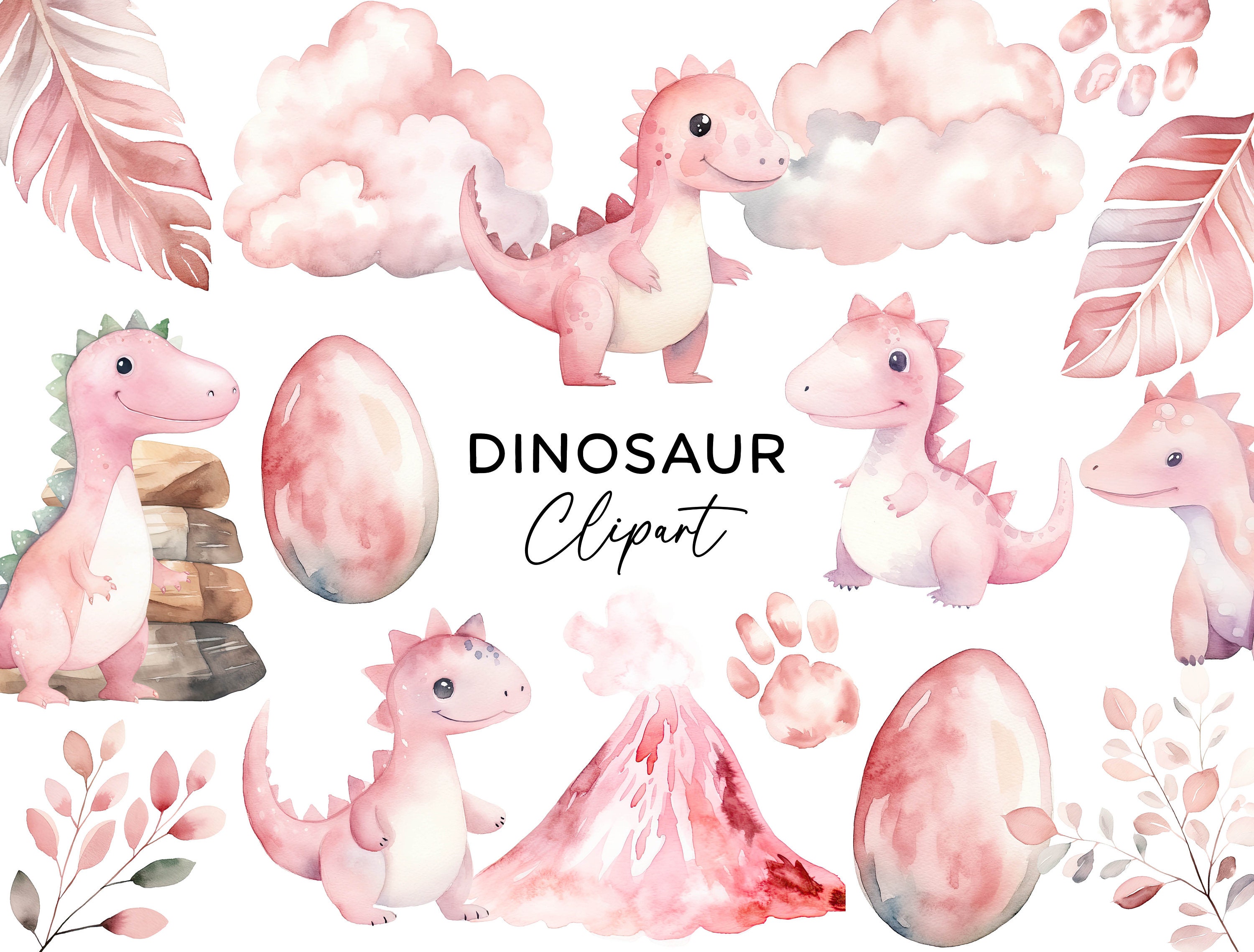 Dinosaur Clipart Bundle, Watercolor Girls Pink T-rex Prehistoric Dino ...