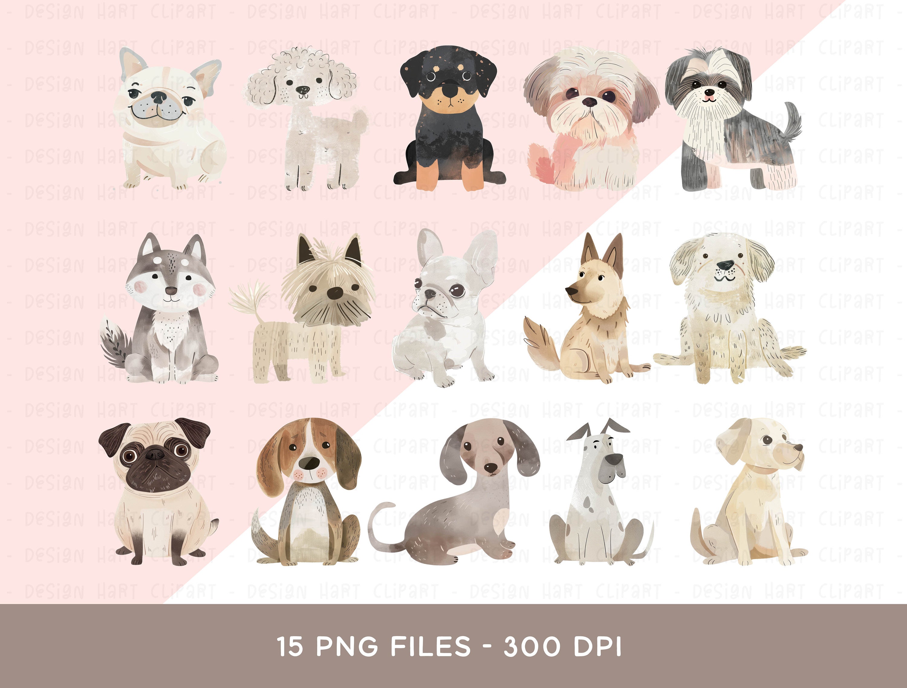 Cute Dog Clipart Bundle, Watercolor Puppy Breeds Poodle Bulldog Pug PNG ...