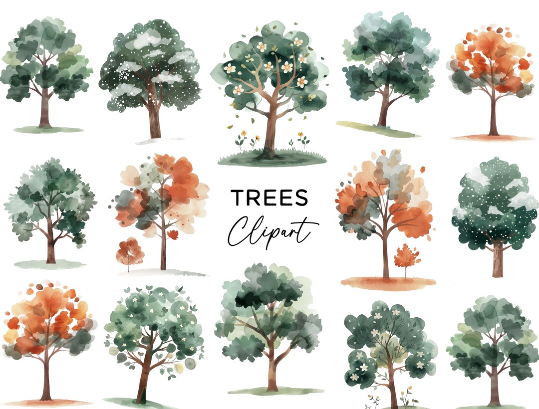 Tree Clipart Bundle - Watercolor Autumn Trees With Green and Orange ...
