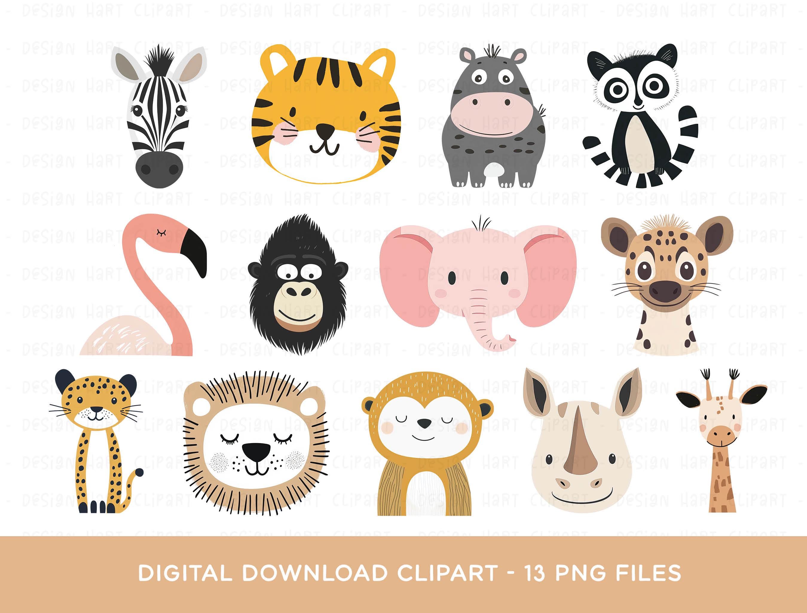 Safari Jungle Animal Heads Clipart Bundle, PNG Clipart Tiger Lion Zebra ...