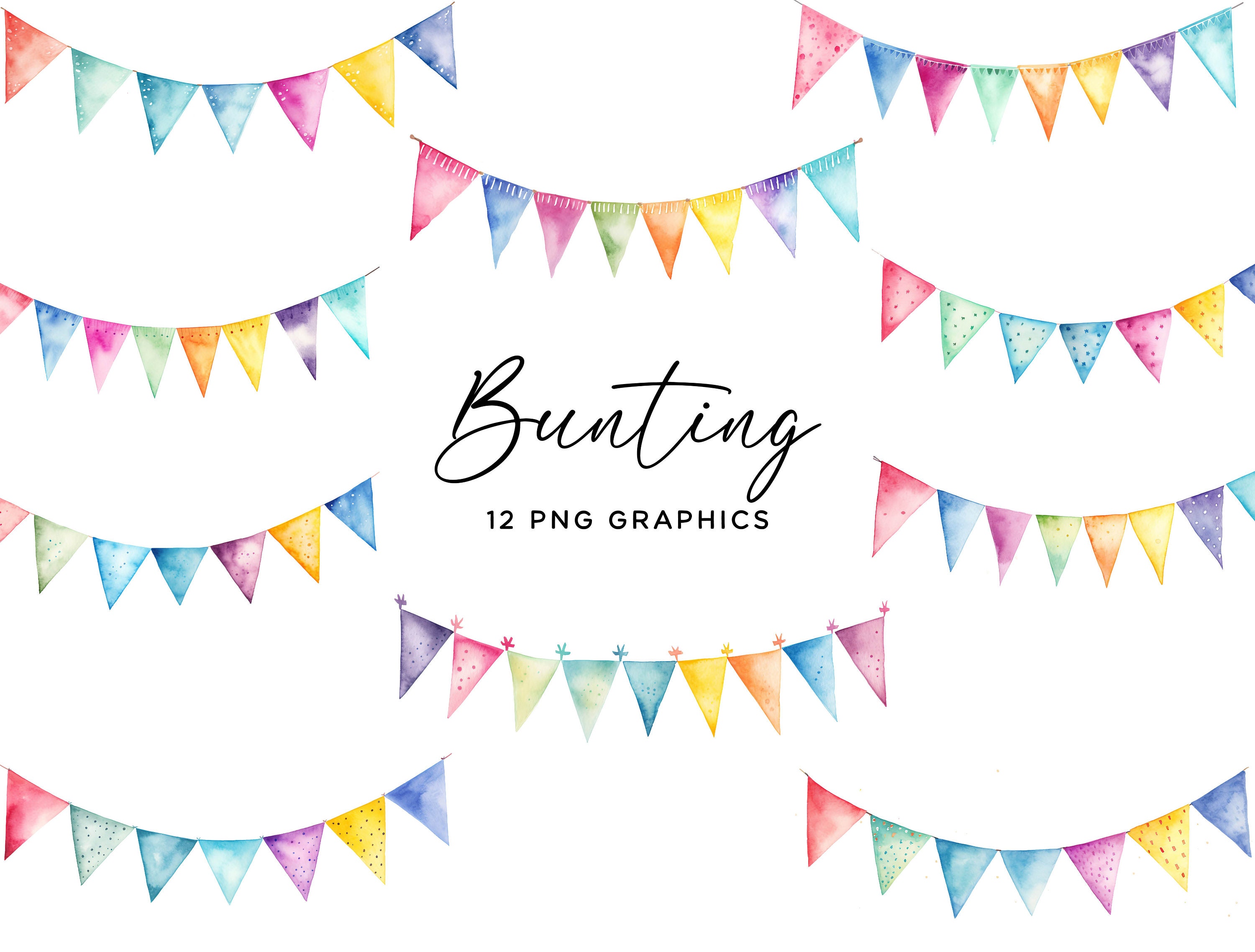 Bunting Clipart Bundle, Watercolor Pastel Flag PNG Digital Download ...