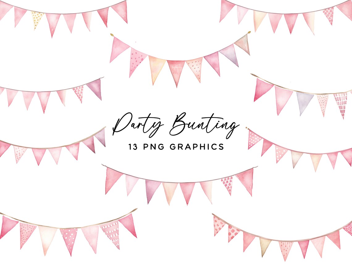 Bunting Clipart Bundle, Watercolor Pastel Flag PNG Digital Download ...