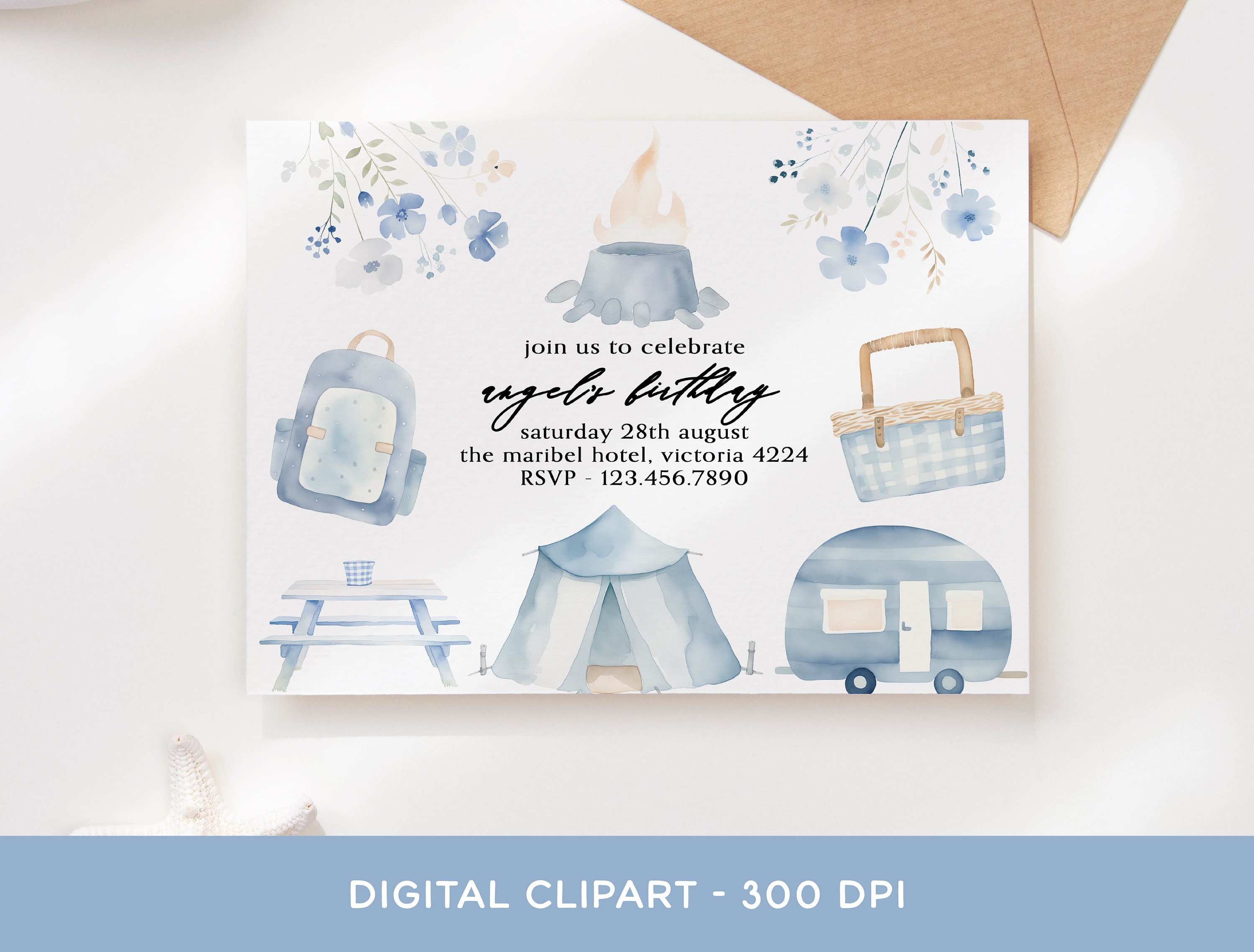 Blue Camping Clipart Bundle, Watercolor Adventure Camper Tent Campfire ...