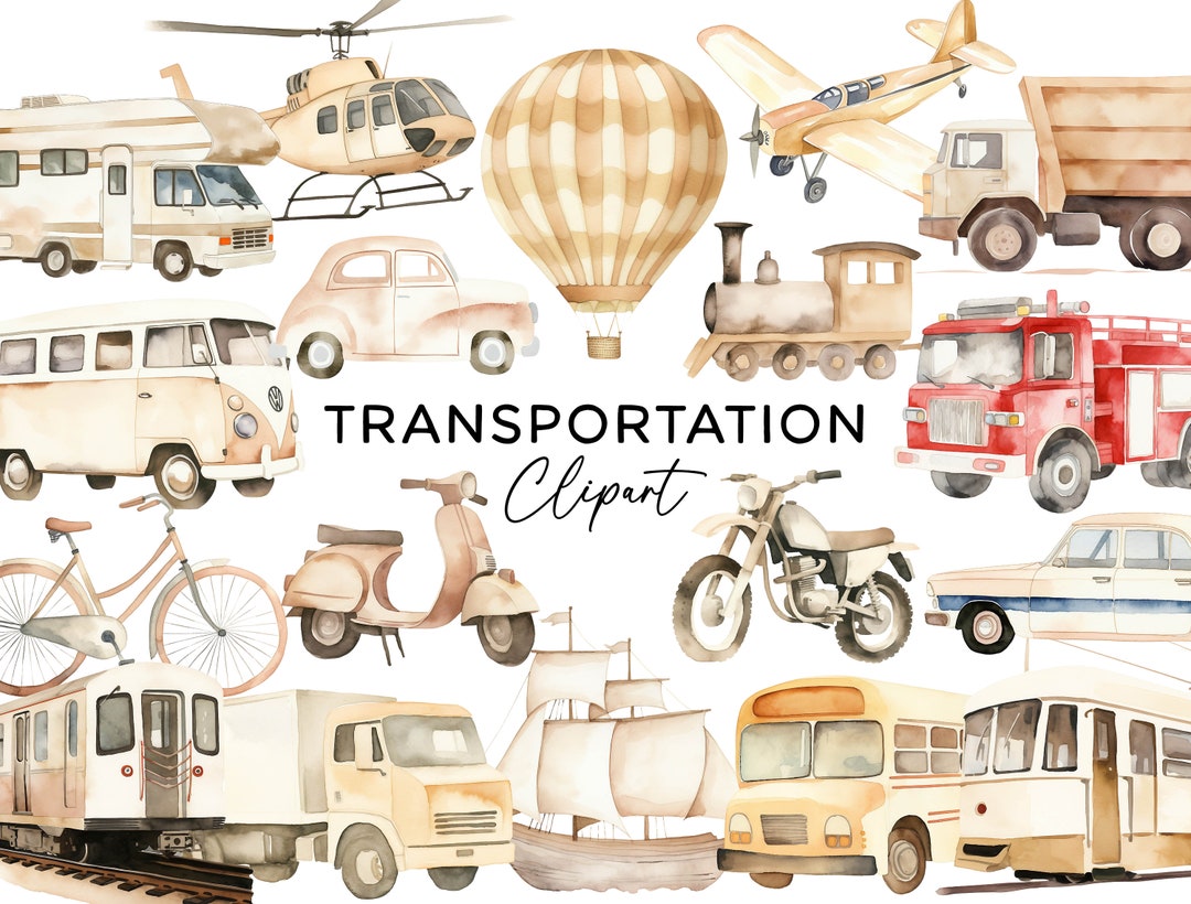 Transport Clipart Bundle Set, Watercolor Bus Car Plane Train Helicopter ...