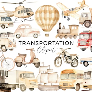 Transport Clipart Bundle Set, Watercolor Bus Car Plane Train Helicopter ...