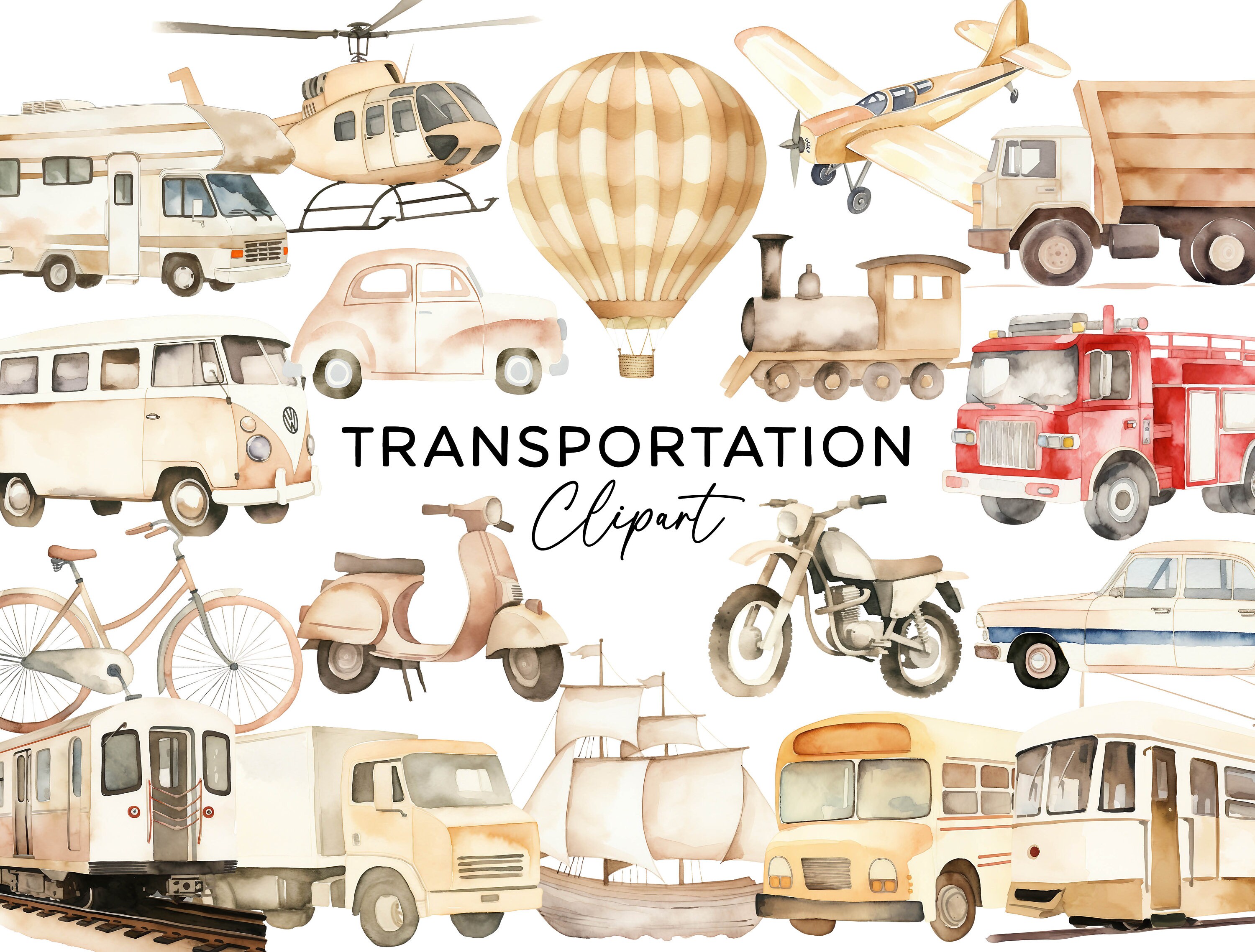 Transport Clipart Bundle Set, Watercolor Bus Car Plane Train Helicopter ...