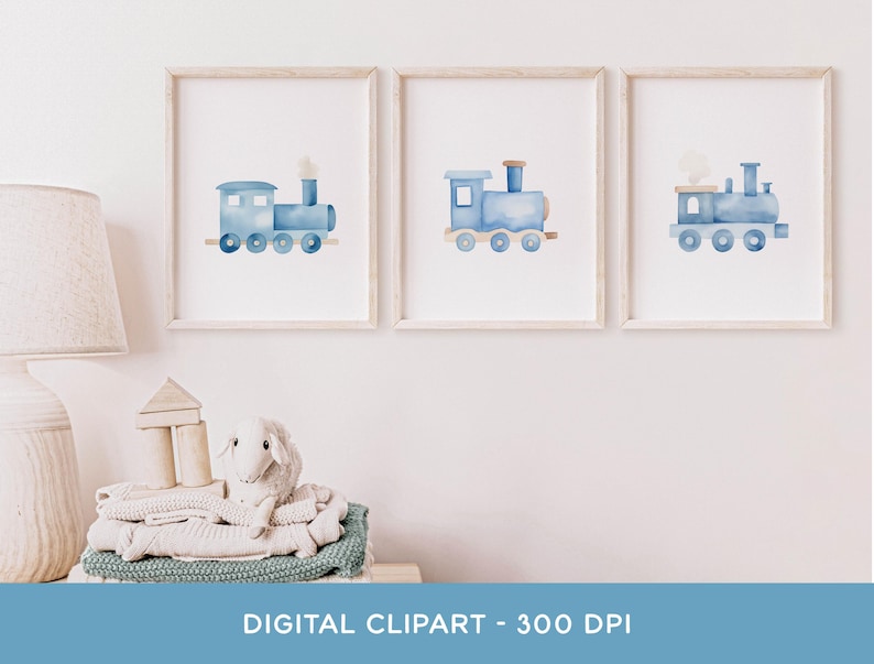 Train Clipart Bundle, PNG Download Watercolor Blue Vintage Classic ...