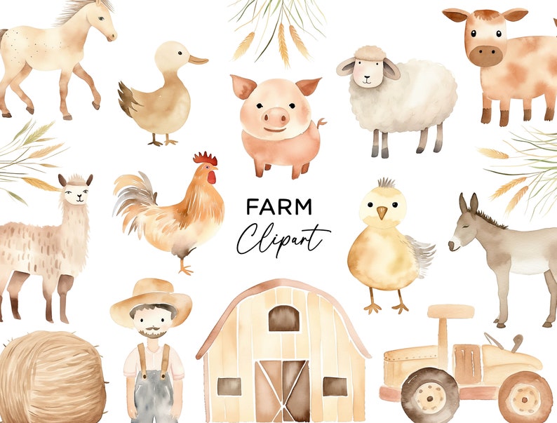 Farm Animals Clipart Bundle Watercolor Barnyard Tractor Pig Duck Horse ...