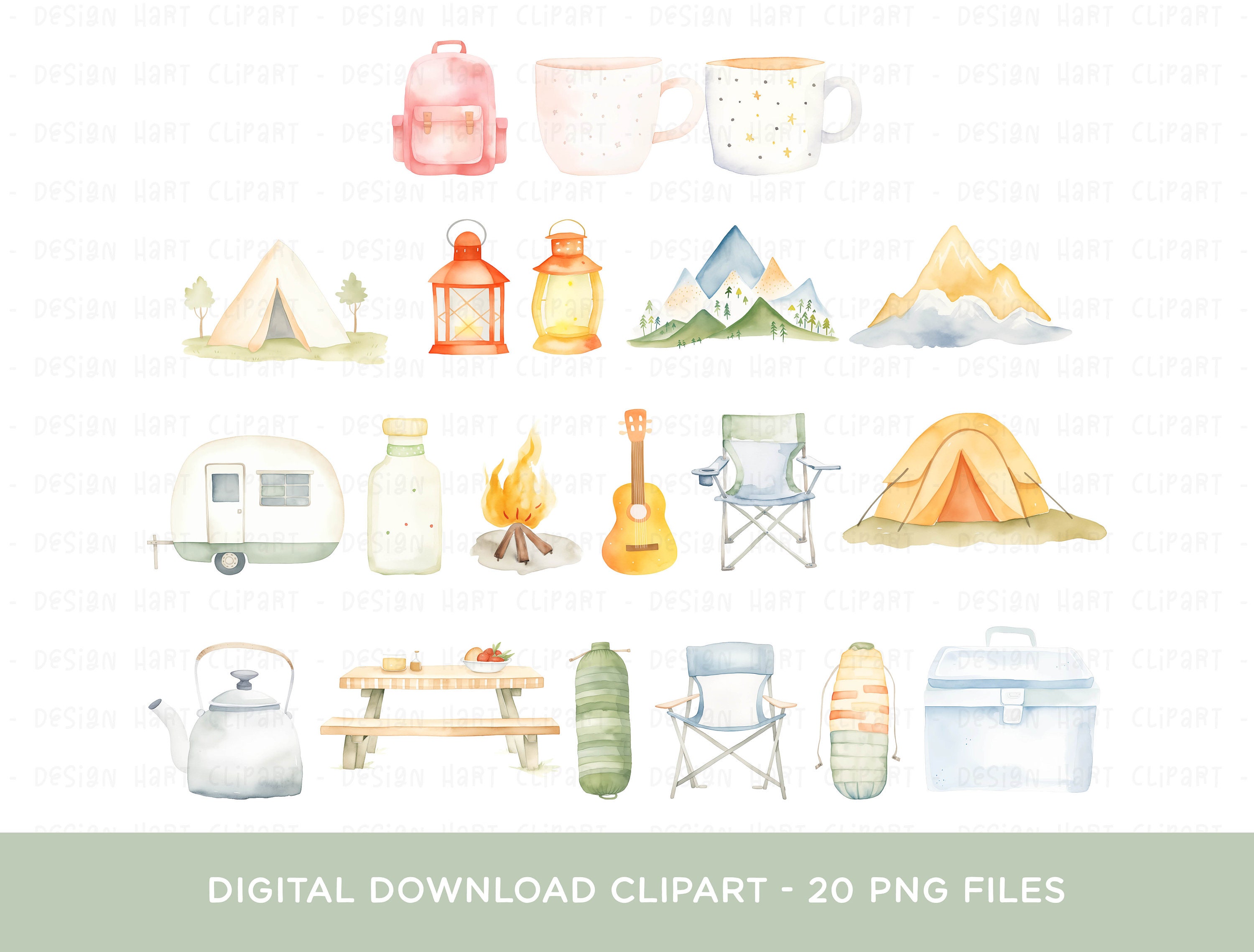 Camping Clipart Bundle, Camper Caravan Picnic Campfire Sleeping Bag ...