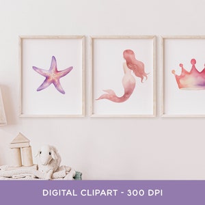 Mermaid Clipart Bundle, Watercolor Ocean Sea Creatures Mermaids Coral ...