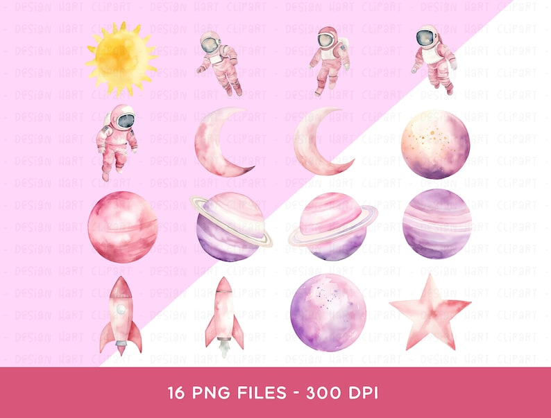 Astronaut Clipart Bundle, Watercolor PNG Girls Pink Digital Download ...