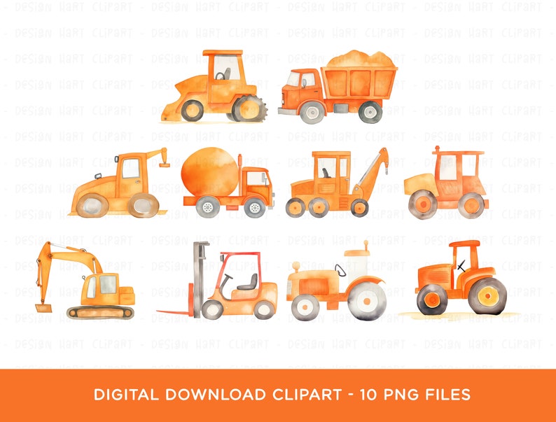 Construction Clipart Bundle, Orange Vehicles Watercolor Digger ...