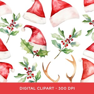 Santa Hat Clipart Bundle: Watercolor Christmas Red Hat PNG Sublimation ...