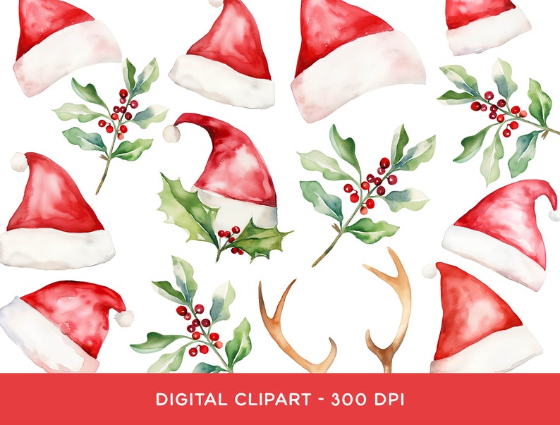 Santa Hat Clipart Bundle: Watercolor Christmas Red Hat PNG - Etsy