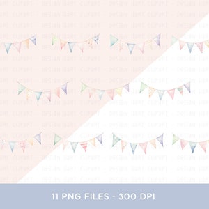 Bunting Clipart Bundle, Watercolor Pastel Party Banner Rainbow PNG ...