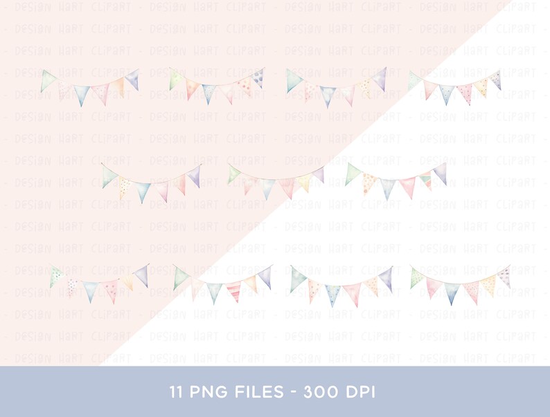 Bunting Clipart Bundle, Watercolor Pastel Party Banner Rainbow PNG ...