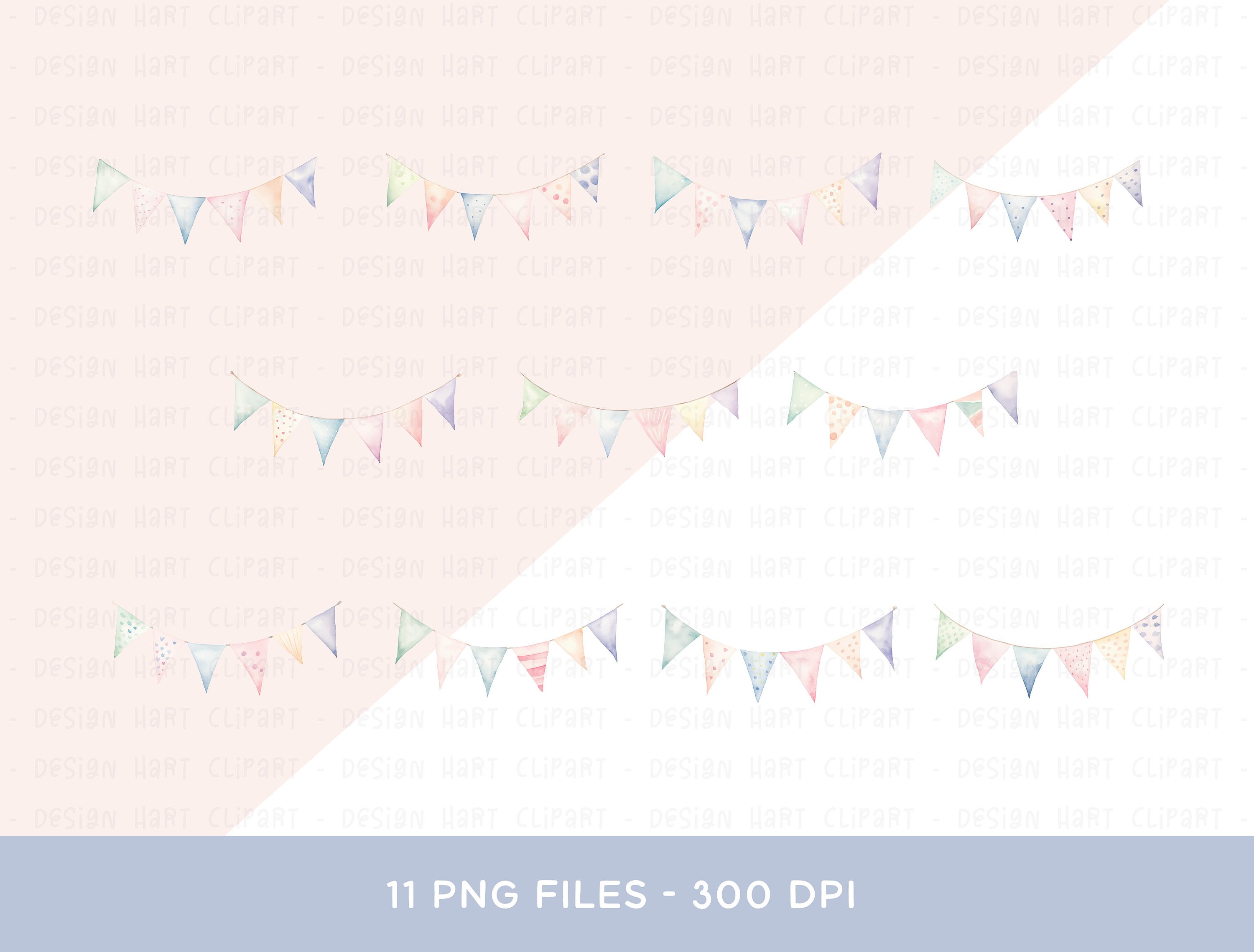 Bunting Clipart Bundle, Watercolor Pastel Party Banner Rainbow PNG ...