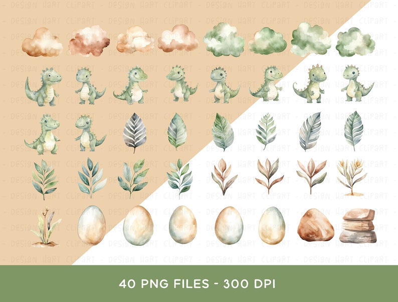 Dinosaur Clipart Bundle, Watercolor T-rex PNG Clip Art for Nursery Art ...