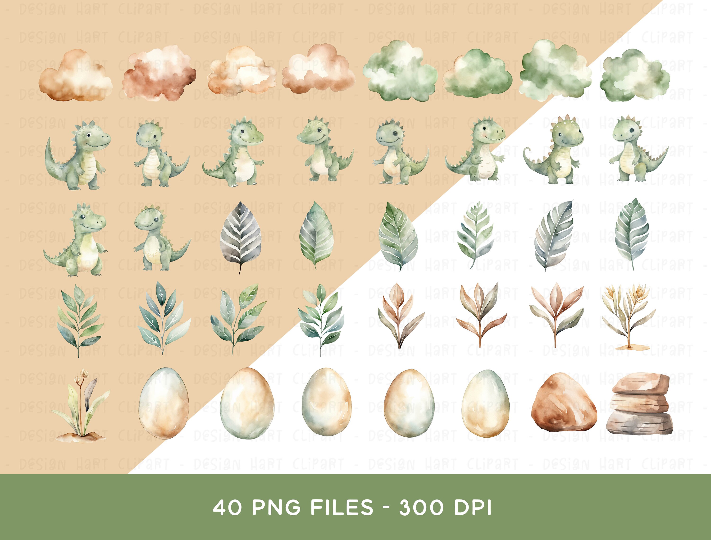 Dinosaur Clipart Bundle, Watercolor T-rex PNG Clip Art for Nursery Art ...