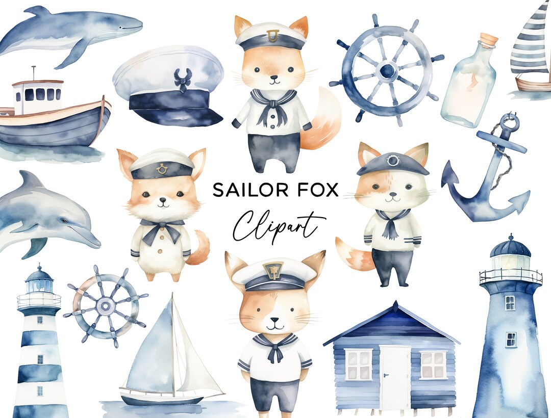 Sailor Fox Clipart Bundle, Watercolor Captain Lighthouse Anchor Boat ...