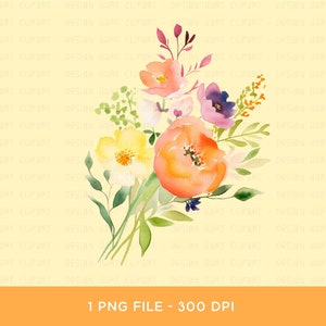 Flower Bouquet Clipart - Watercolor Yellow Orange Floral Bunch PNG ...