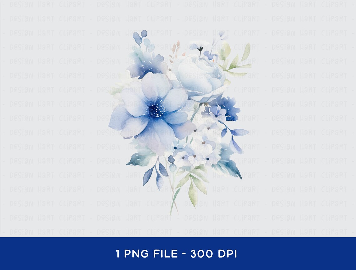 Flower Bouquet Clipart - Watercolor Winter Blue & White Floral Bunch ...