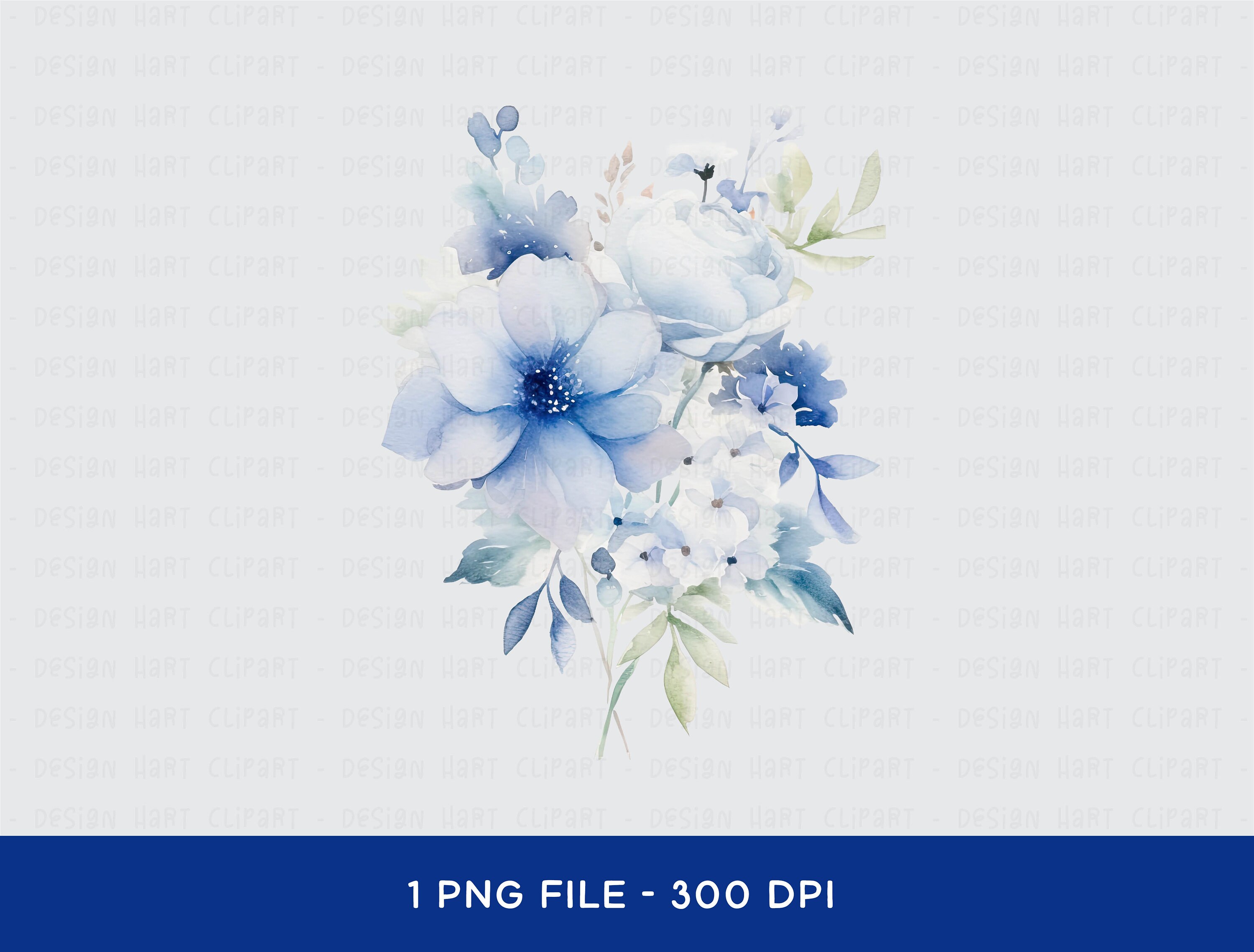 Flower Bouquet Clipart Watercolor Winter Blue & White Floral Bunch PNG ...
