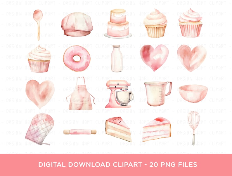 Baking Clipart Bundle Pink Bakery Watercolor Kitchen Cupcake Cake Mixer ...